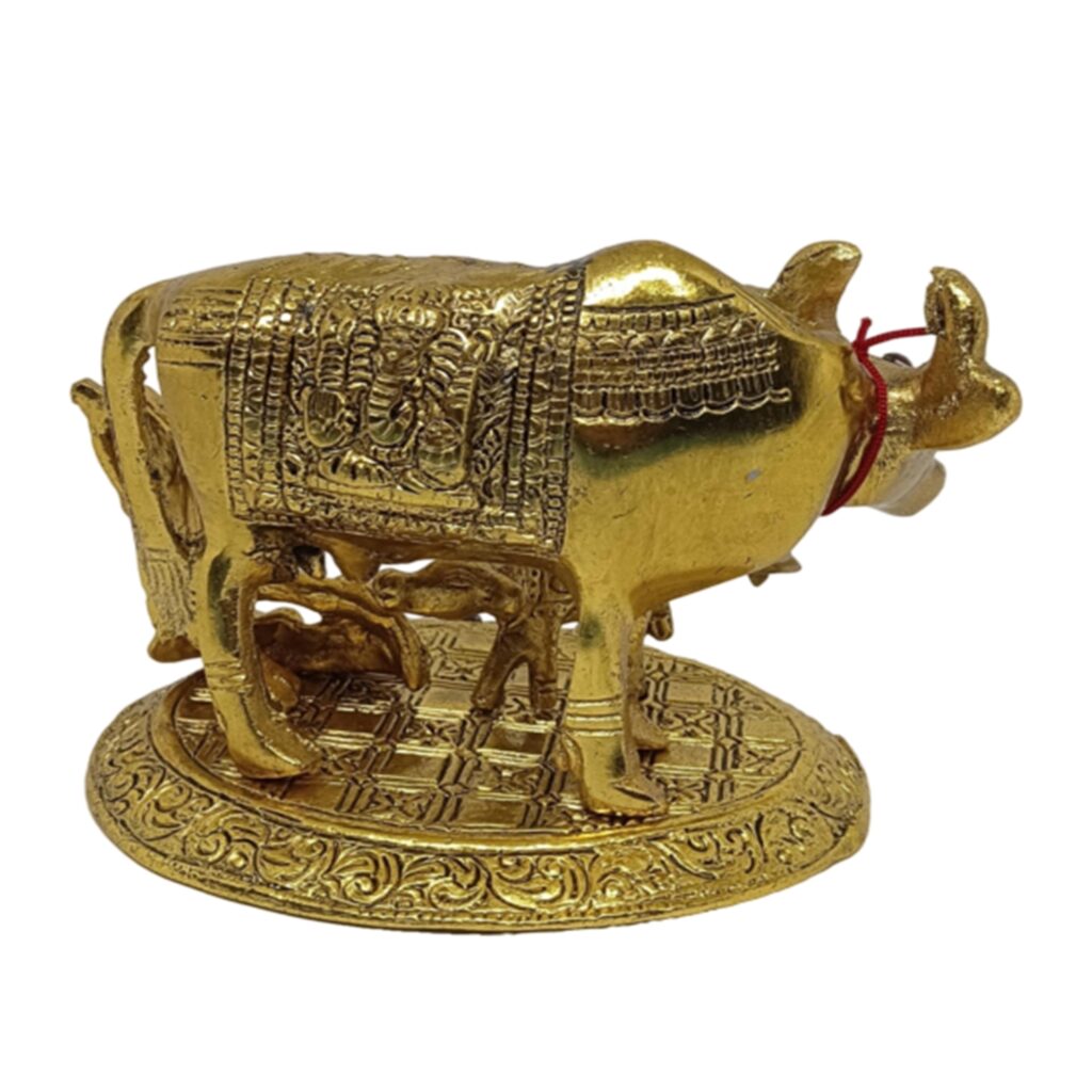 Metal Statue of Kamdhenu Cow with Calf and Laddu Gopal Ji