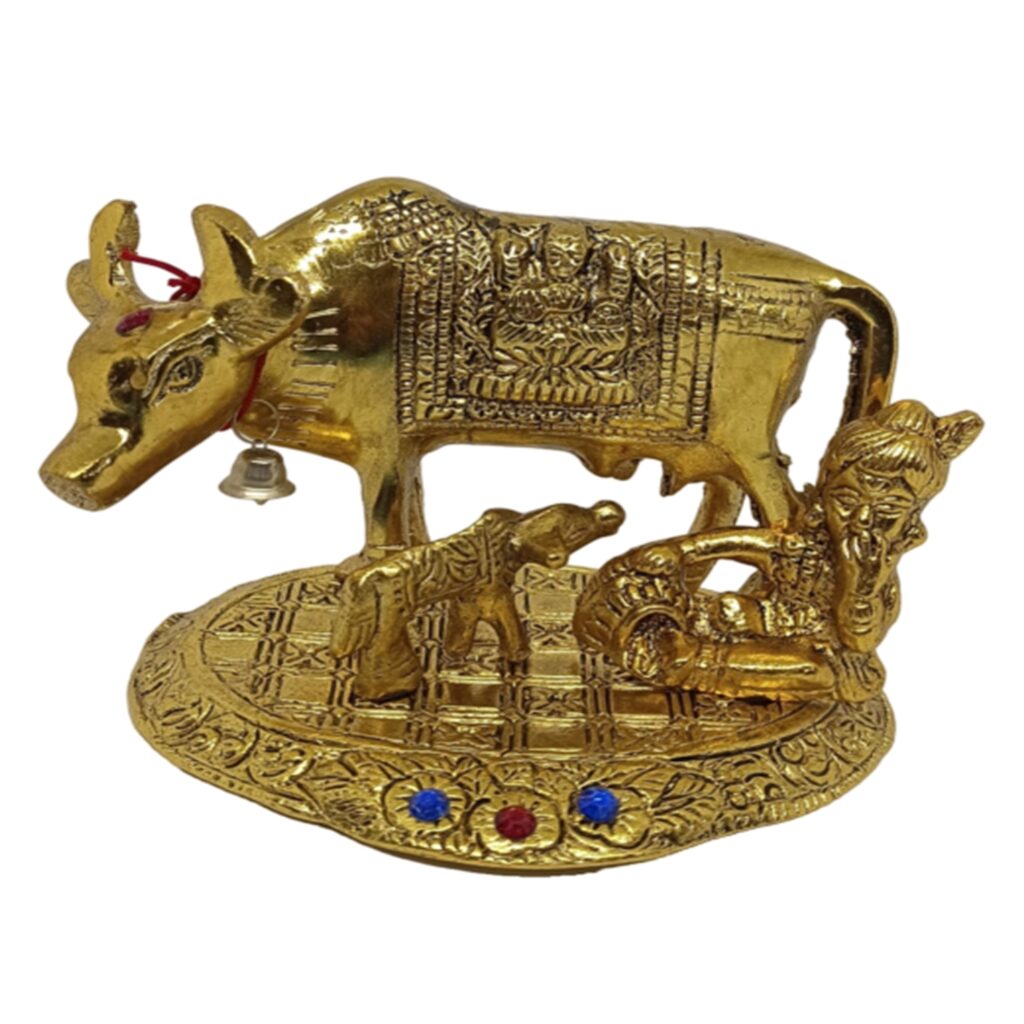 Metal Statue of Kamdhenu Cow with Calf and Laddu Gopal Ji