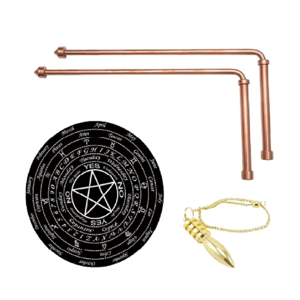 Copper Dowsing L Rod with Handle + Dowsing Board + Pendulum